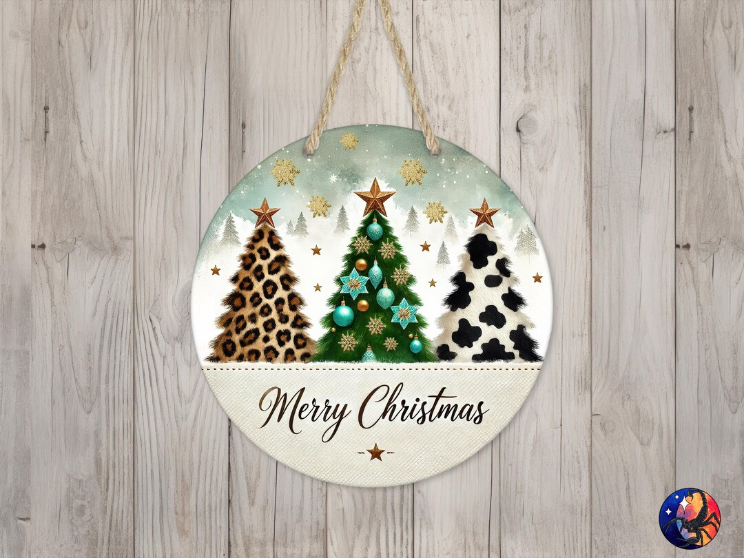 Merry Christmas Cow & Leopard Print Sign Round Door Hanger Design ...