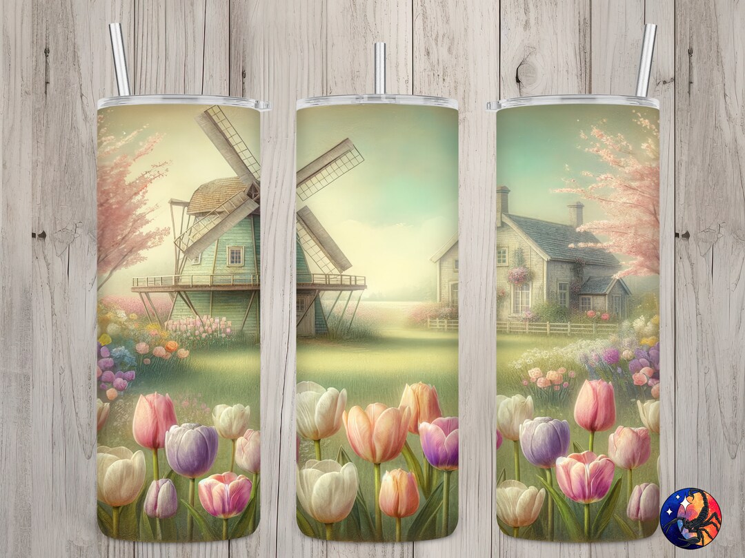 Seamless Vintage Windmill & Tulip Farm Design, Spring 20 Oz Skinny ...