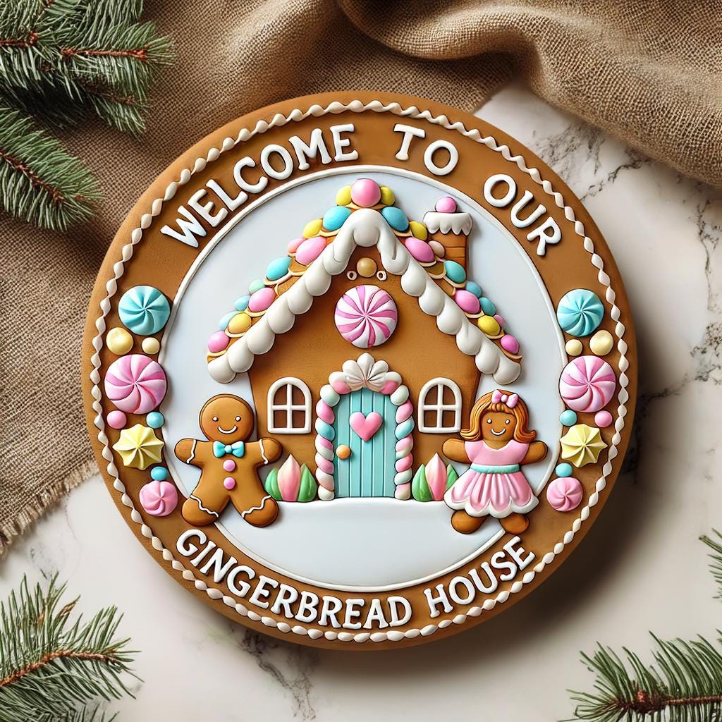 Pastel Welcome to Our Gingerbread House Sign Round Door Hanger Design ...