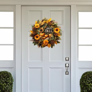 Rustic Hello Fall Pumpkins & Sunflowers Sign Round Door Hanger Design ...