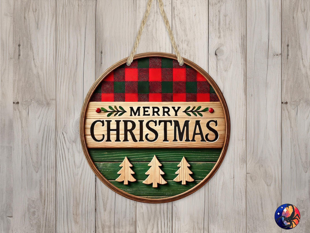 Merry Christmas Red & Green Plaid Sign Round Door Hanger Design ...