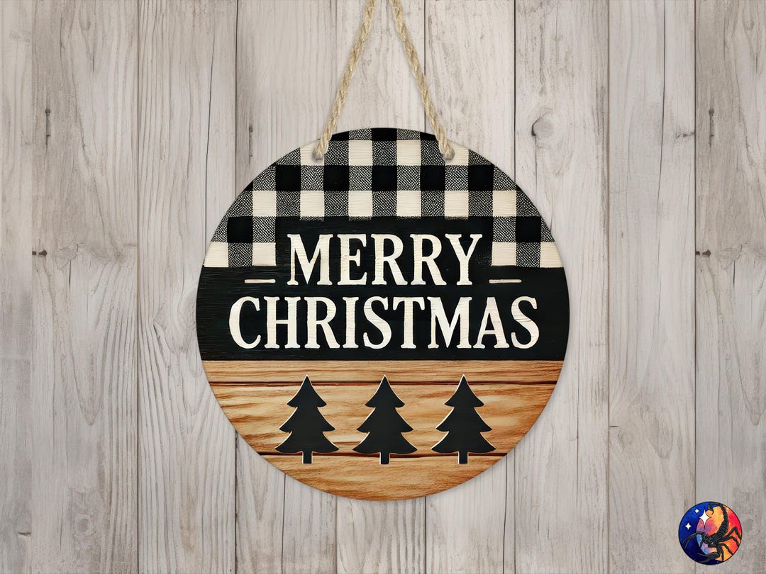 Merry Christmas Black & White Plaid Sign Round Door Hanger Design ...