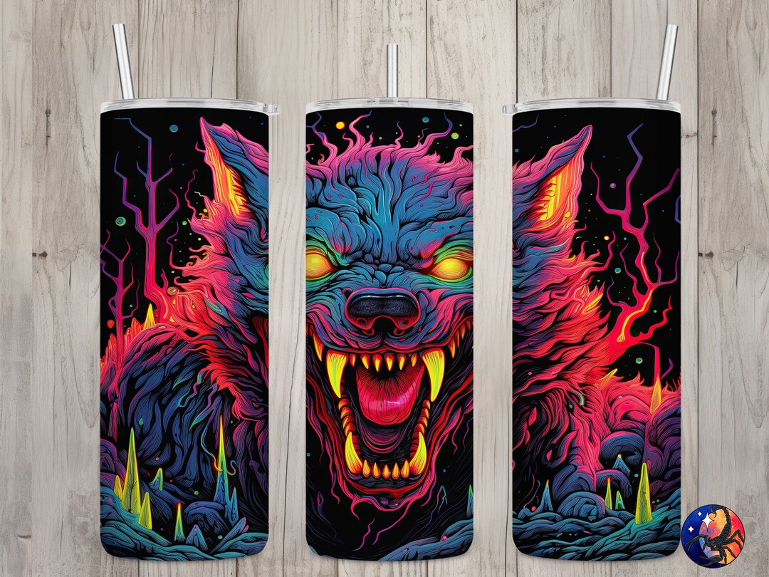 Seamless Neon Werewolf Design, Halloween 20 Oz Skinny Straight Tumbler ...