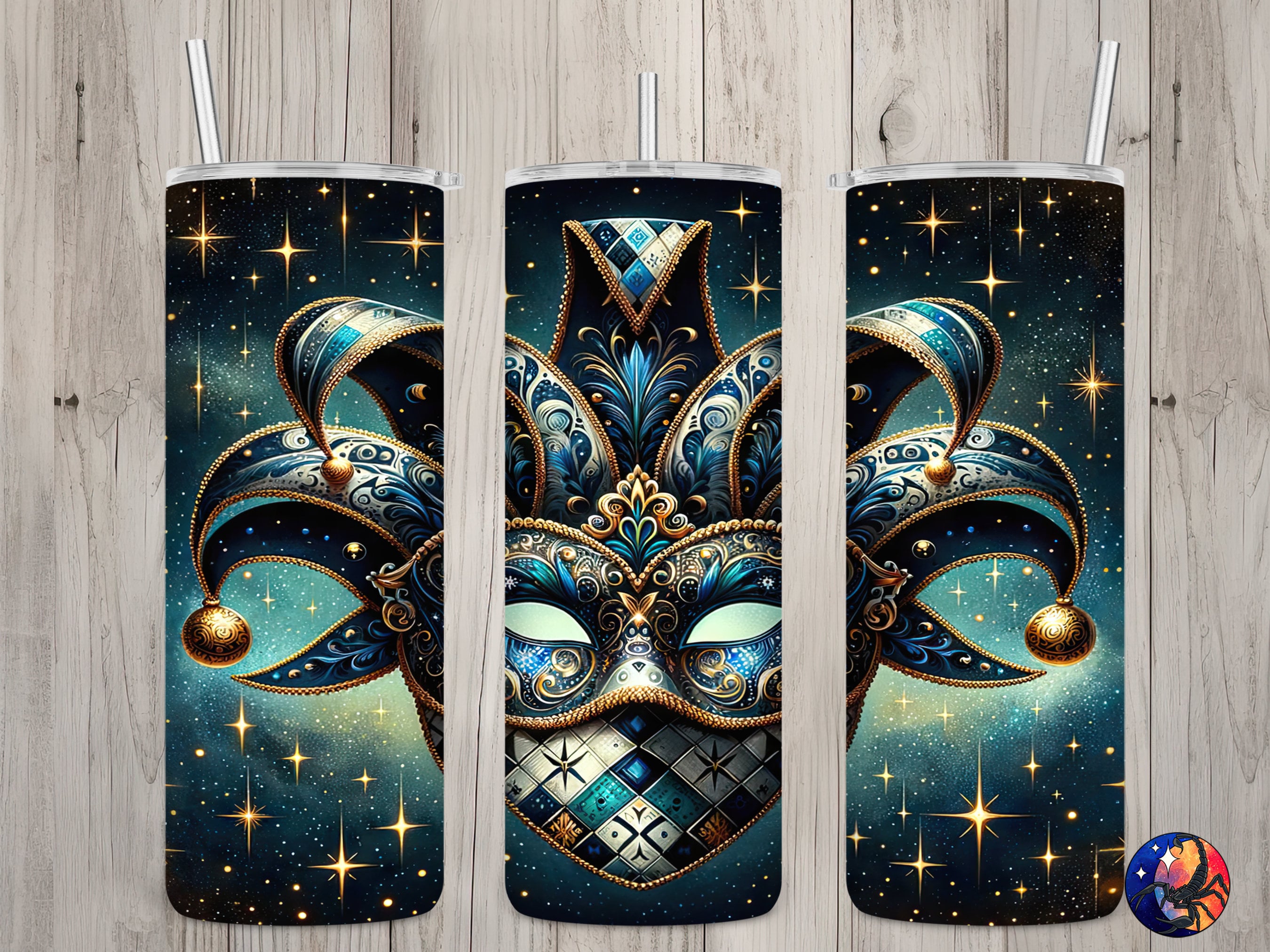 Seamless Blue Jester Masquerade Mask Design, Mardi Gras 20 Oz Skinny ...