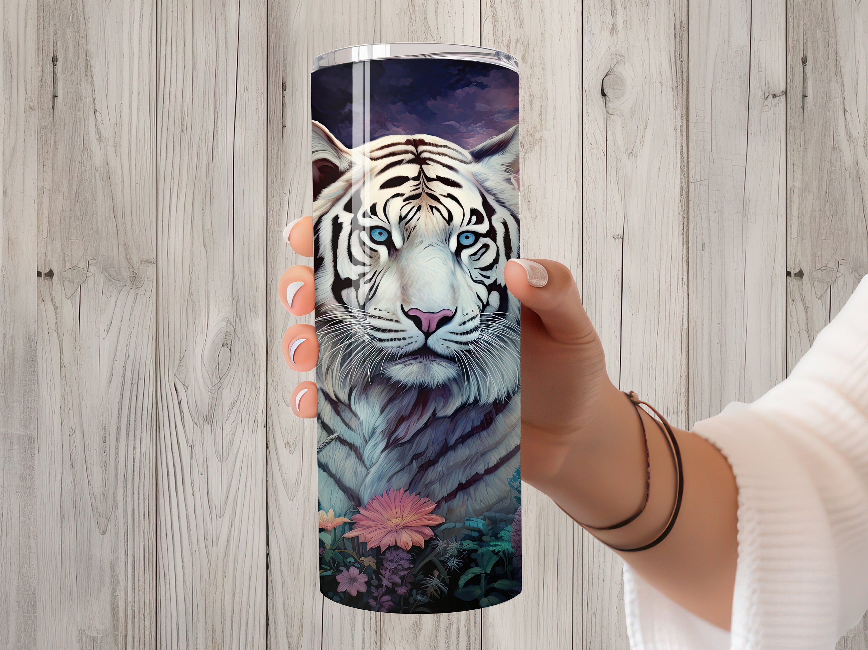 Seamless White Tiger Floral & Night Sky Design, Tiger 20 Oz Skinny Straight Tumbler Sublimation ...