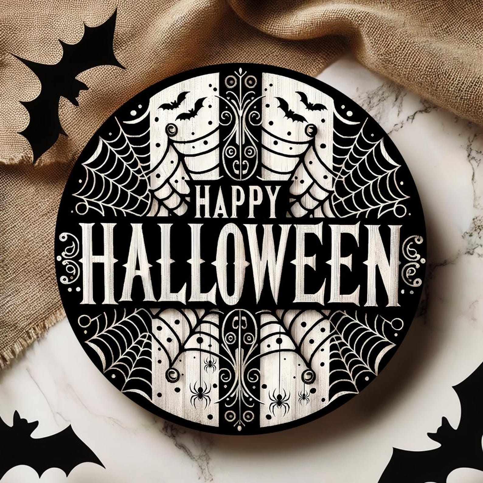 Happy Halloween Spider Webs & Bats Sign Round Door Hanger Design ...