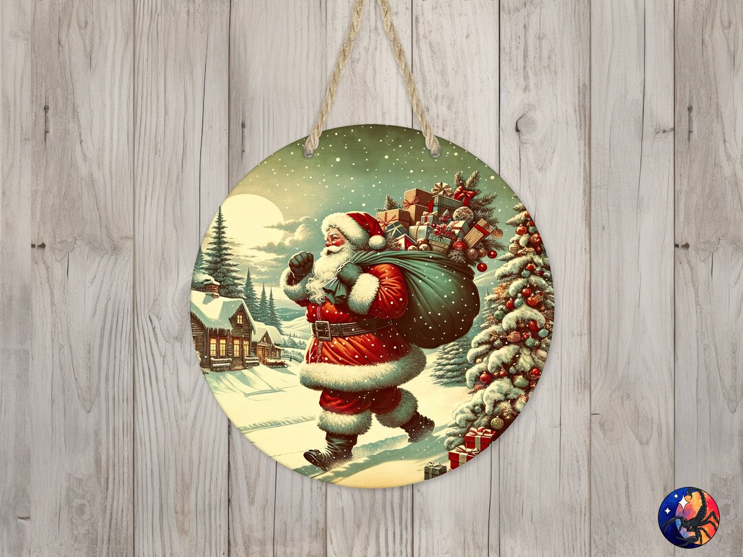 Vintage Santa & Presents Sign Round Door Hanger Design, Christmas 12 ...