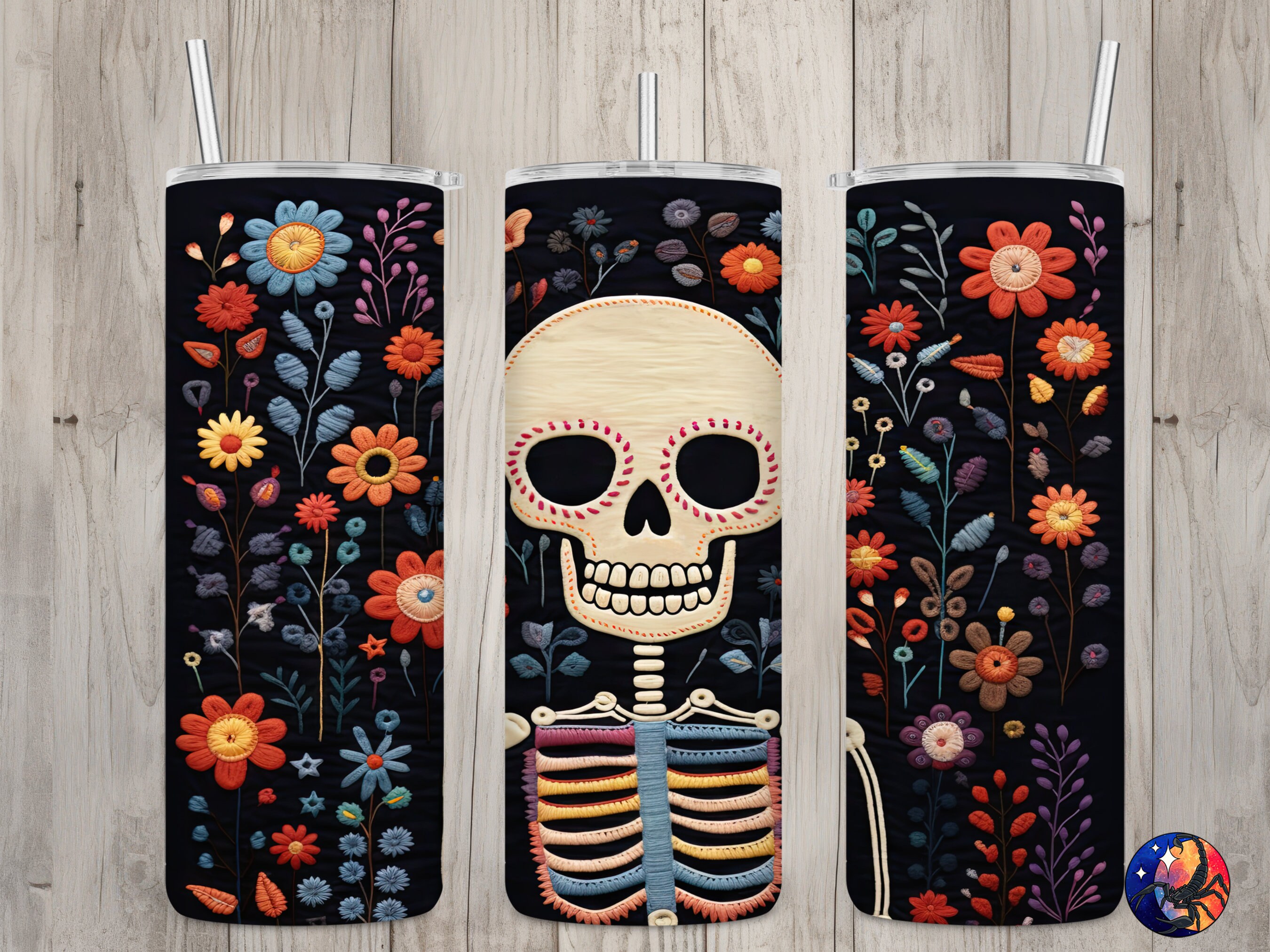 Seamless Embroidered Skeleton Design Skeleton 20 Oz Skinny - Etsy