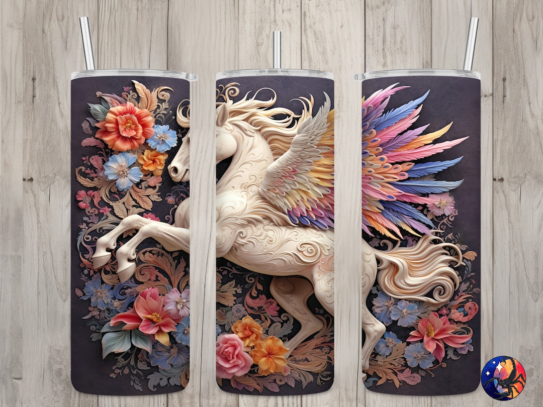 Seamless 3D Pastel Floral Pegasus Design, Pegasus 20 Oz Skinny Straight ...