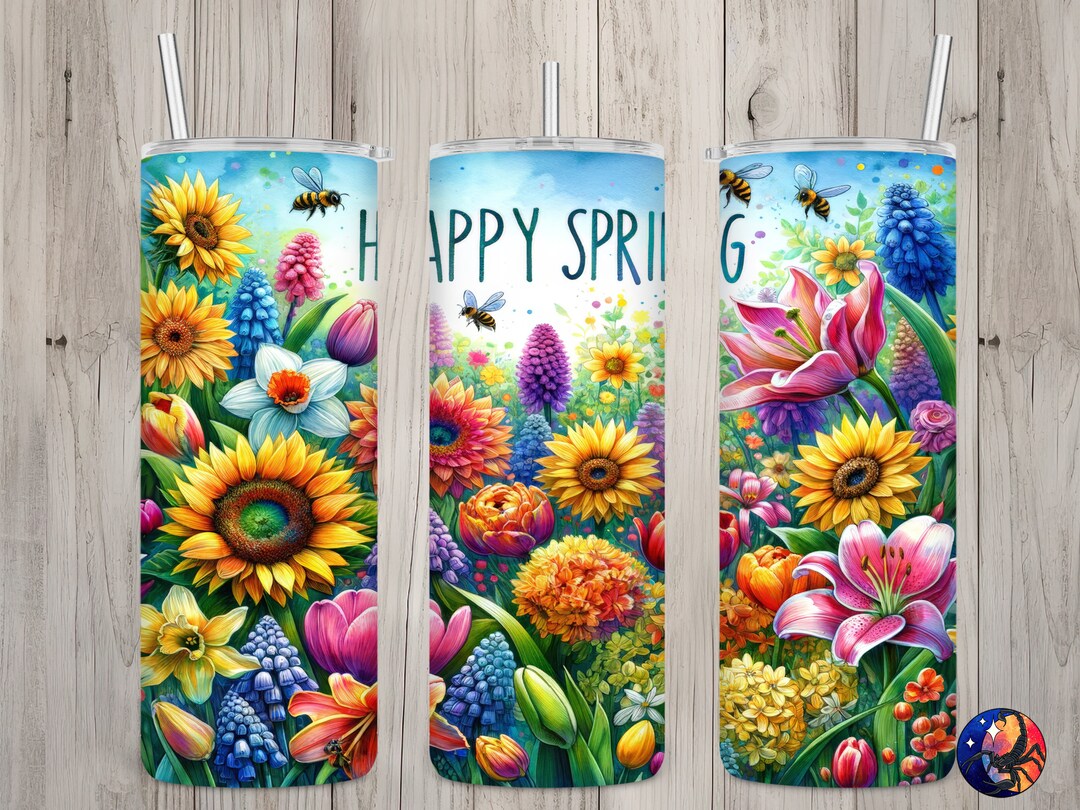 Seamless Happy Spring Flower Patch & Bee Design, Spring 20 Oz Skinny ...