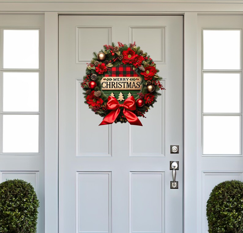 Merry Christmas Red & Green Plaid Sign Round Door Hanger Design ...