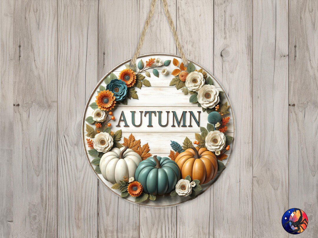 Rustic Autumn Blue & Orange Pumpkins Sign Round Door Hanger Design ...