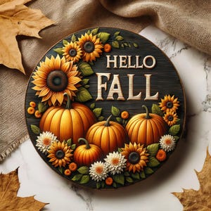 Rustic Hello Fall Pumpkins & Sunflowers Sign Round Door Hanger Design ...