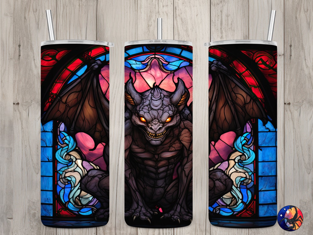 Seamless Stained Glass Gargoyle Design, Halloween 20 Oz Skinny Straight ...