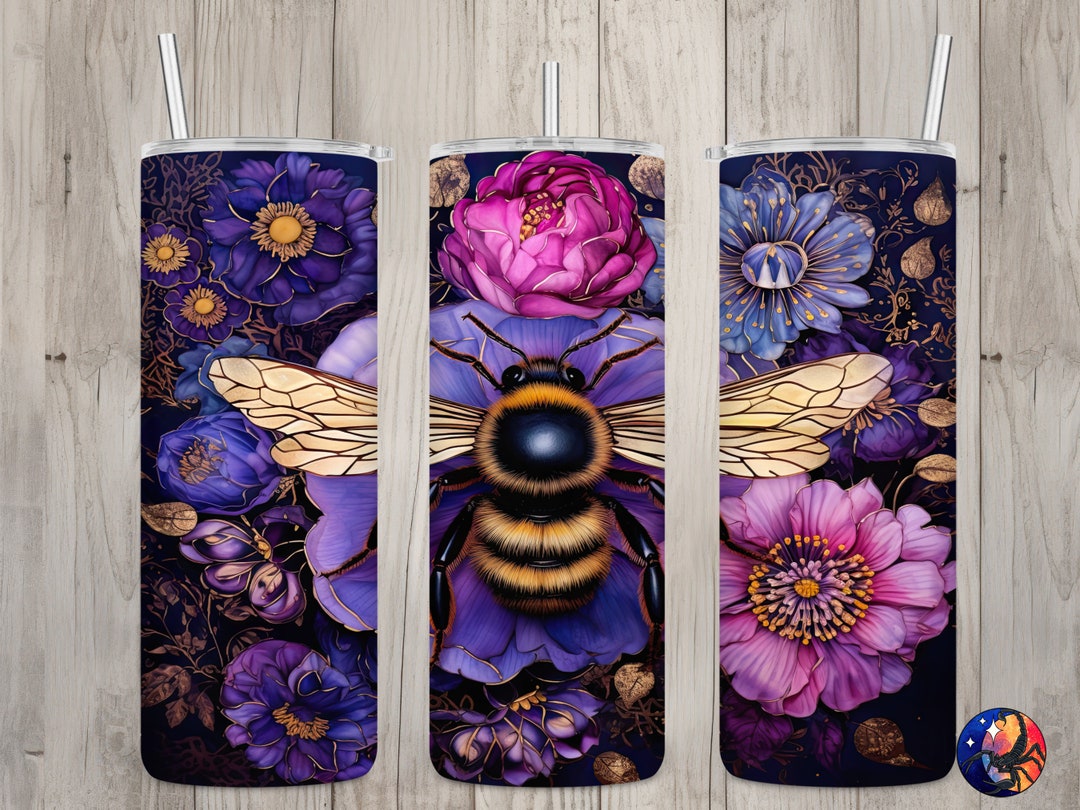 Seamless 3D Bumble Bee & Purple Floral Design, Bee 20 Oz Skinny ...