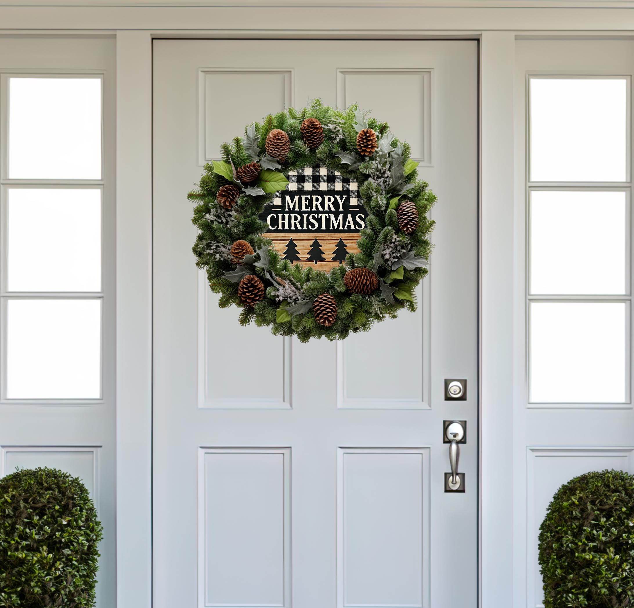 Merry Christmas Black & White Plaid Sign Round Door Hanger Design ...