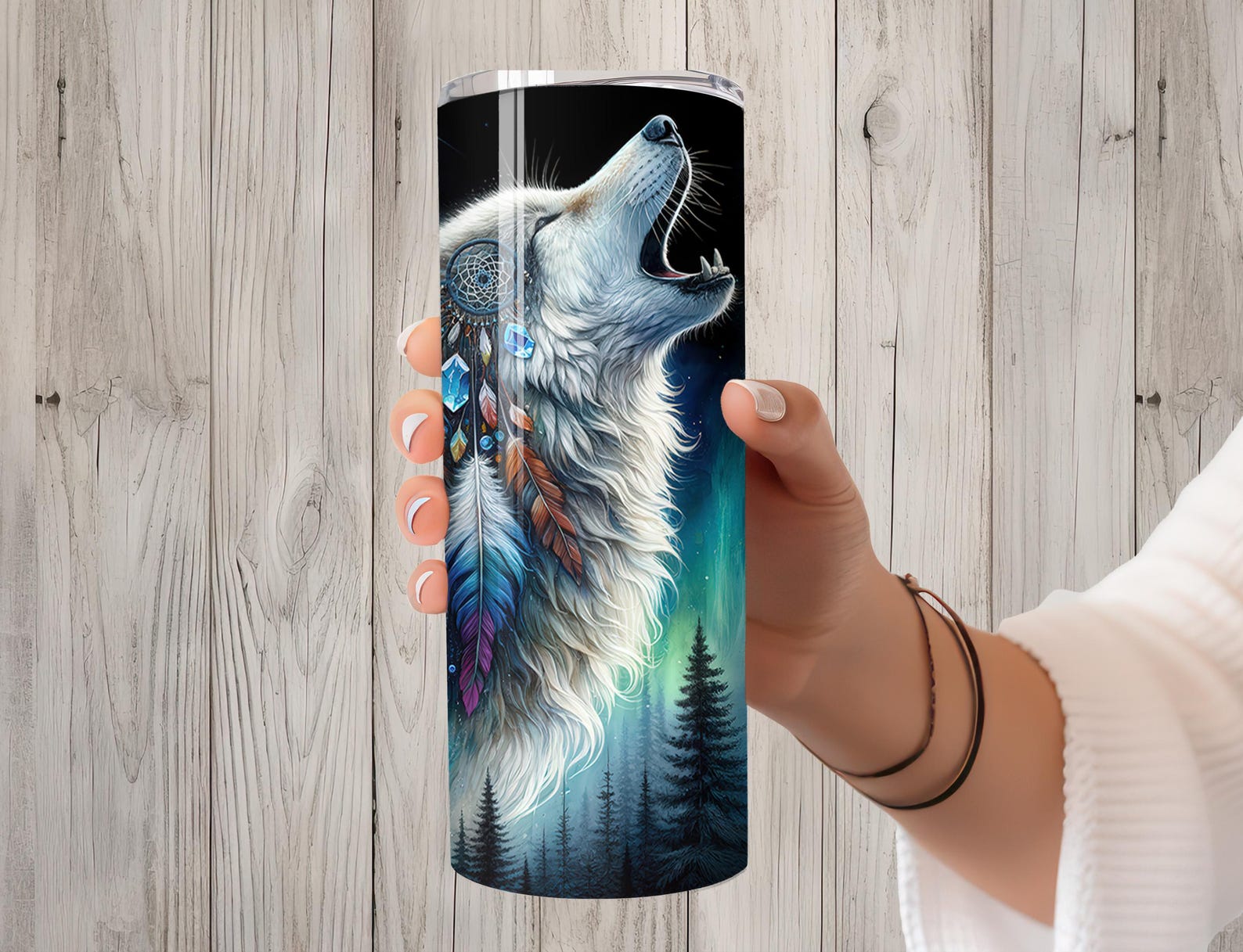 Seamless Boho Wolf Howling at the Moon Design, Wolf 20 Oz Skinny ...