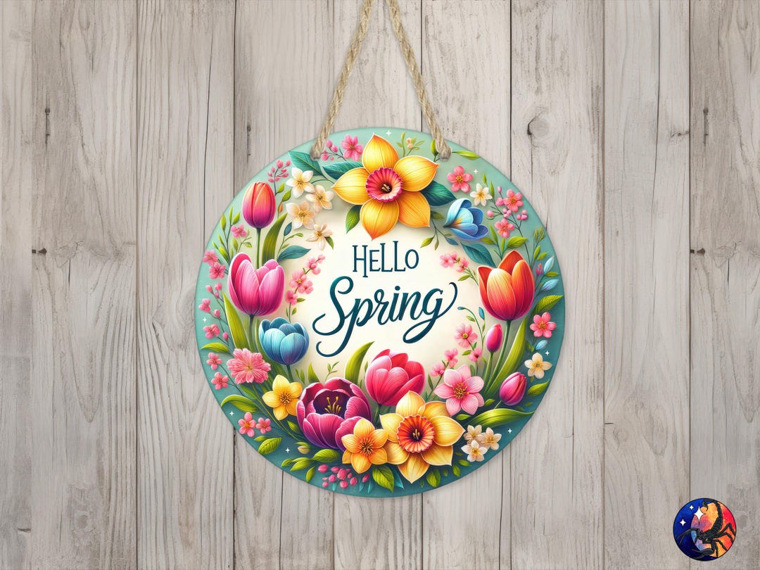 Hello Spring Vibrant Tulip & Daffodil Sign Round Door Hanger Design ...