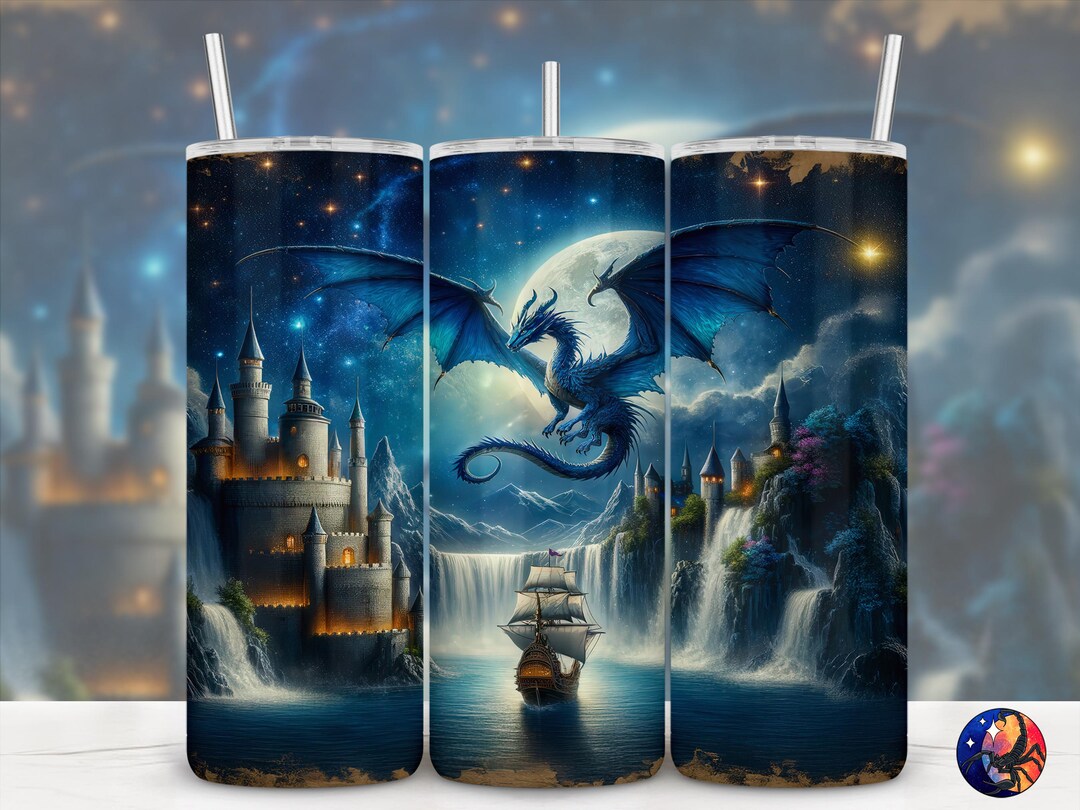 Mythical Fantasy Blue Dragon & Medieval Castle Design, Seamless 20 Oz ...
