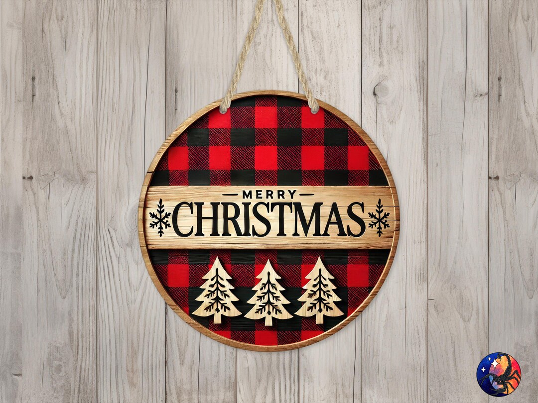 Merry Christmas Red & Black Plaid Sign Round Door Hanger Design ...