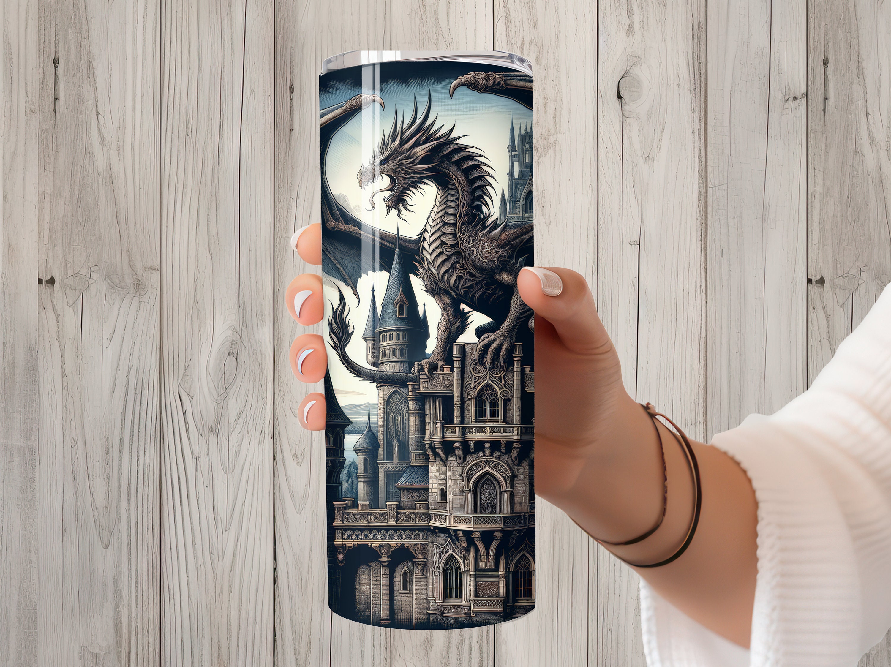 Seamless Black Dragon & Medieval Castle Design, Dragon 20 Oz Skinny ...
