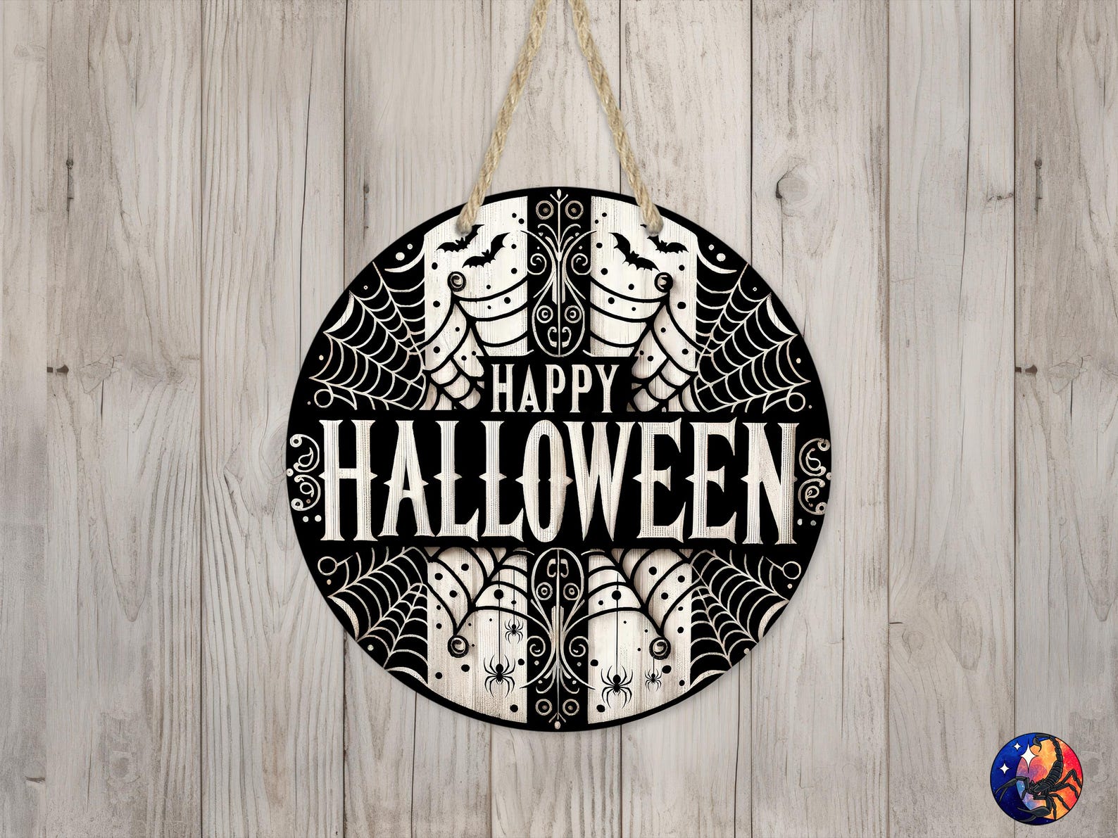 Happy Halloween Spider Webs & Bats Sign Round Door Hanger Design ...