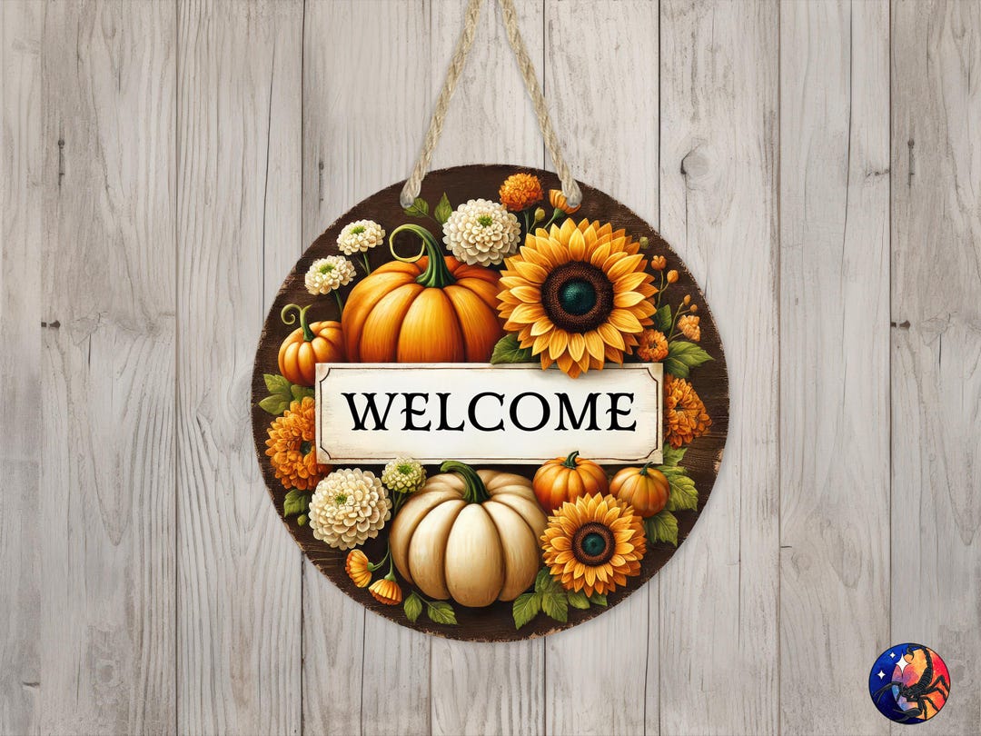 Welcome Fall Pumpkins & Sunflowers Sign Round Door Hanger Design ...