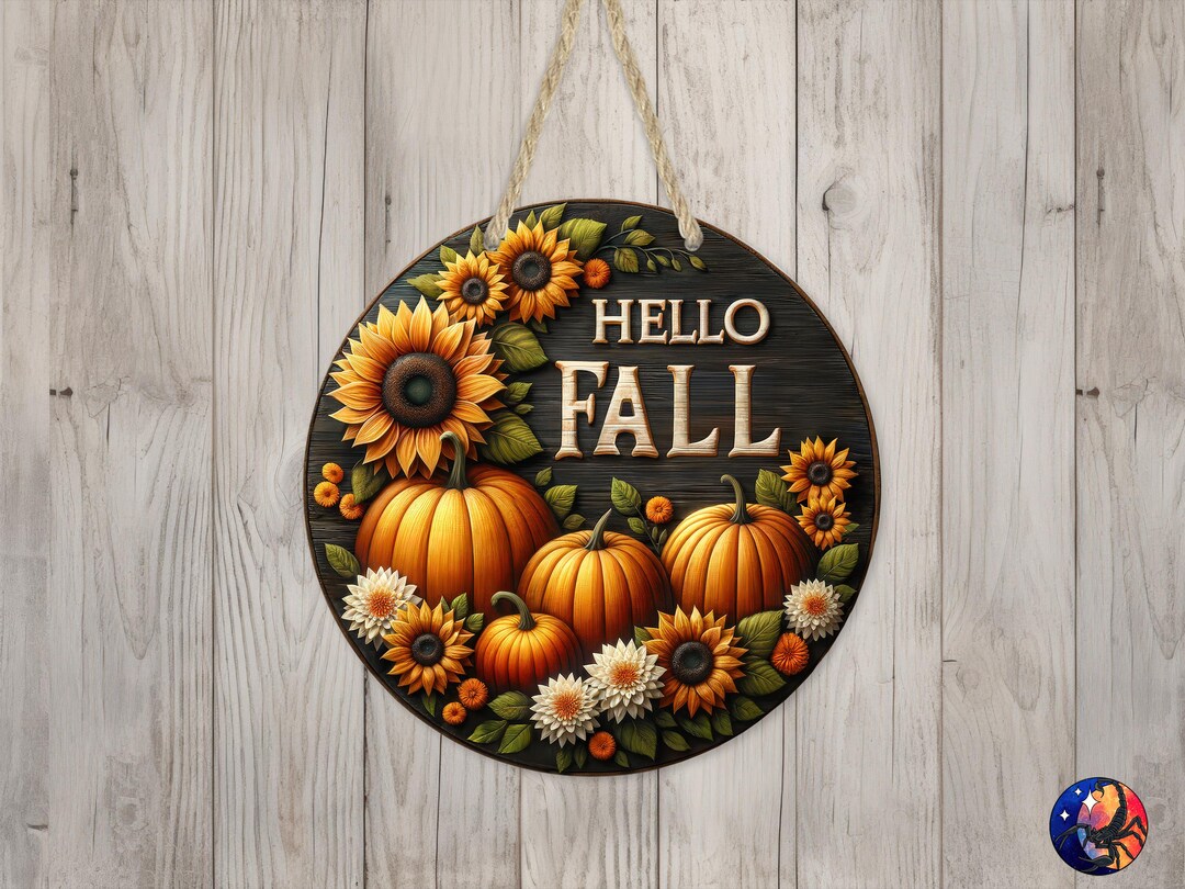 Rustic Hello Fall Pumpkins & Sunflowers Sign Round Door Hanger Design ...