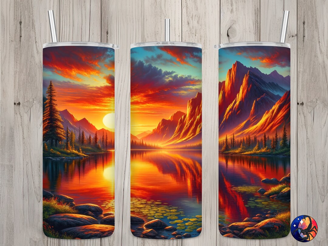 Seamless Sunset Lake & Mountain Forest Design, Landscape 20oz Skinny ...
