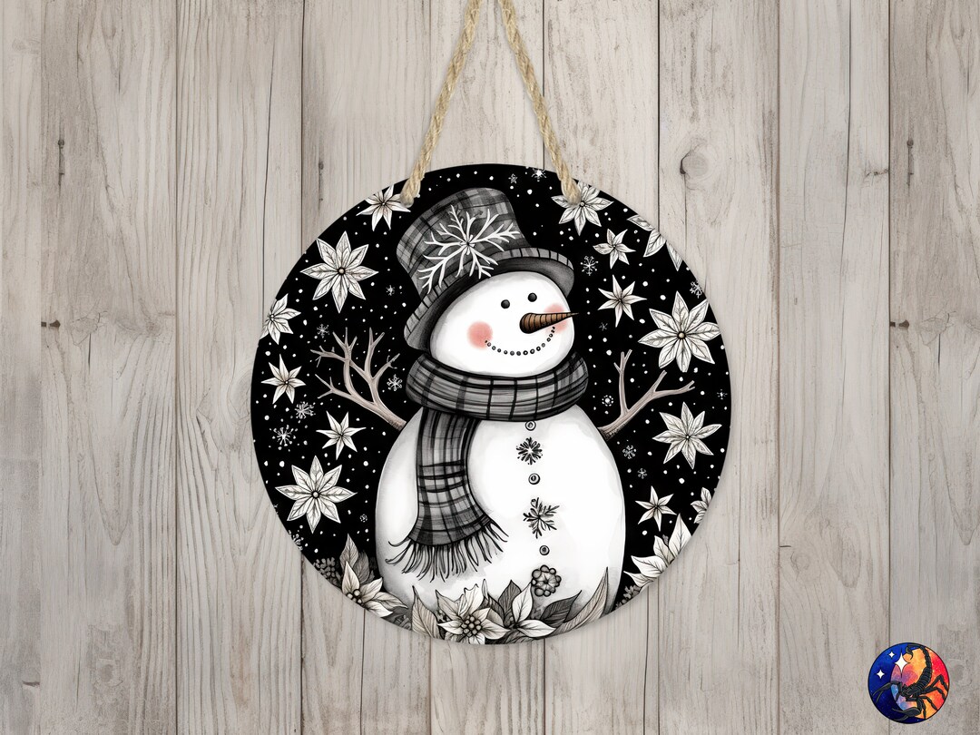 Black & White Snowman Sign Round Door Hanger Design, Christmas 12 Inch ...
