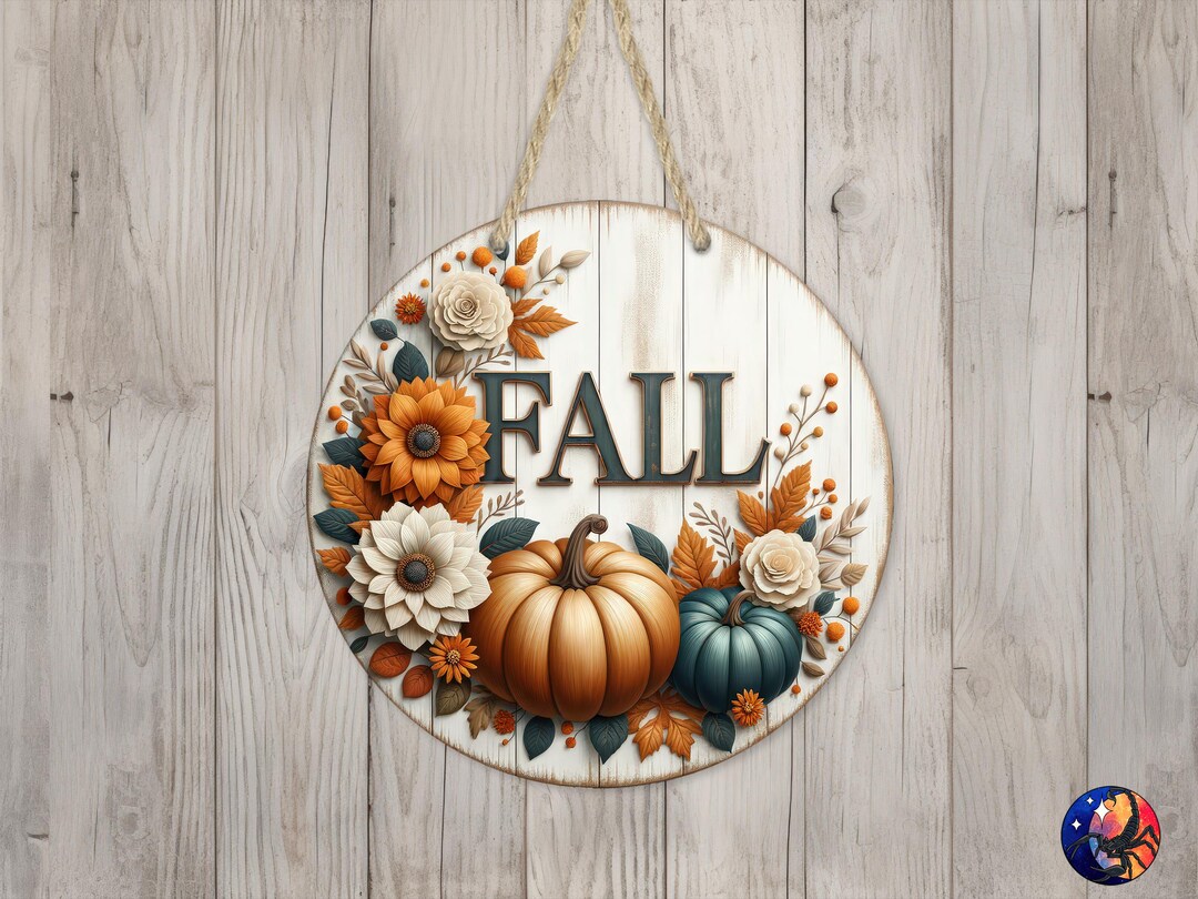 Rustic Fall Blue & Orange Pumpkins Sign Round Door Hanger Design ...