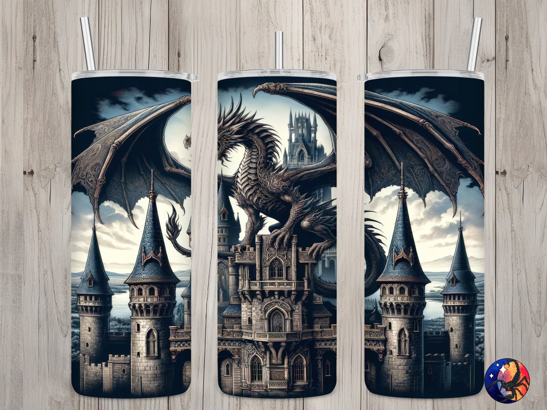 Seamless Black Dragon & Medieval Castle Design, Dragon 20 Oz Skinny ...