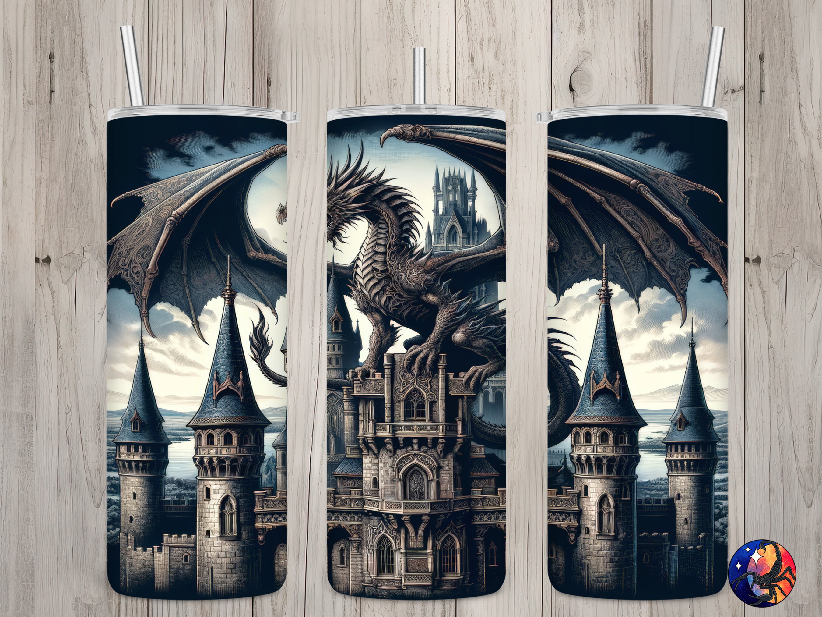 Seamless Black Dragon & Medieval Castle Design, Dragon 20 Oz Skinny ...
