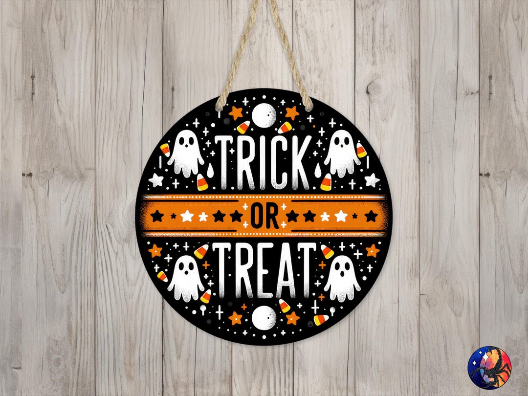 Trick or Treat Ghost & Candy Corn Sign Round Door Hanger Design ...