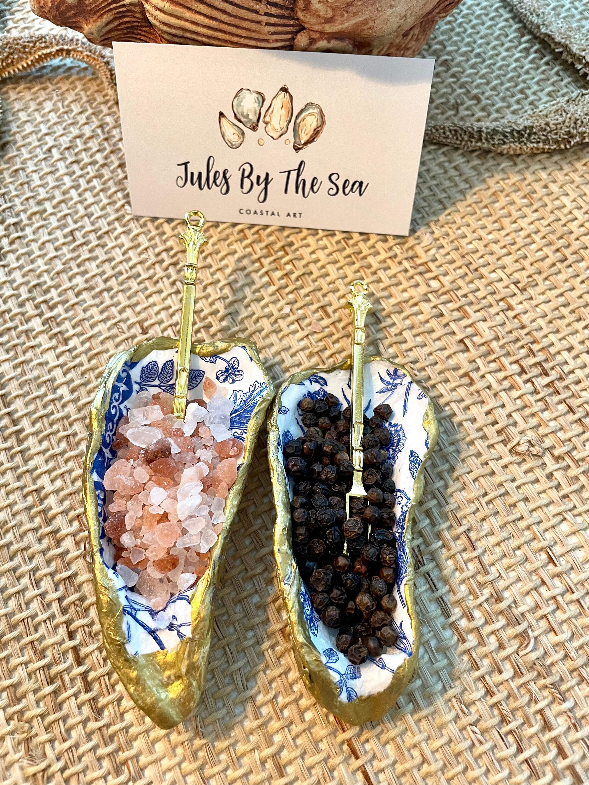 Blue and White Unique Oyster Shell Dishes With Spoons Salt and Pepper ...