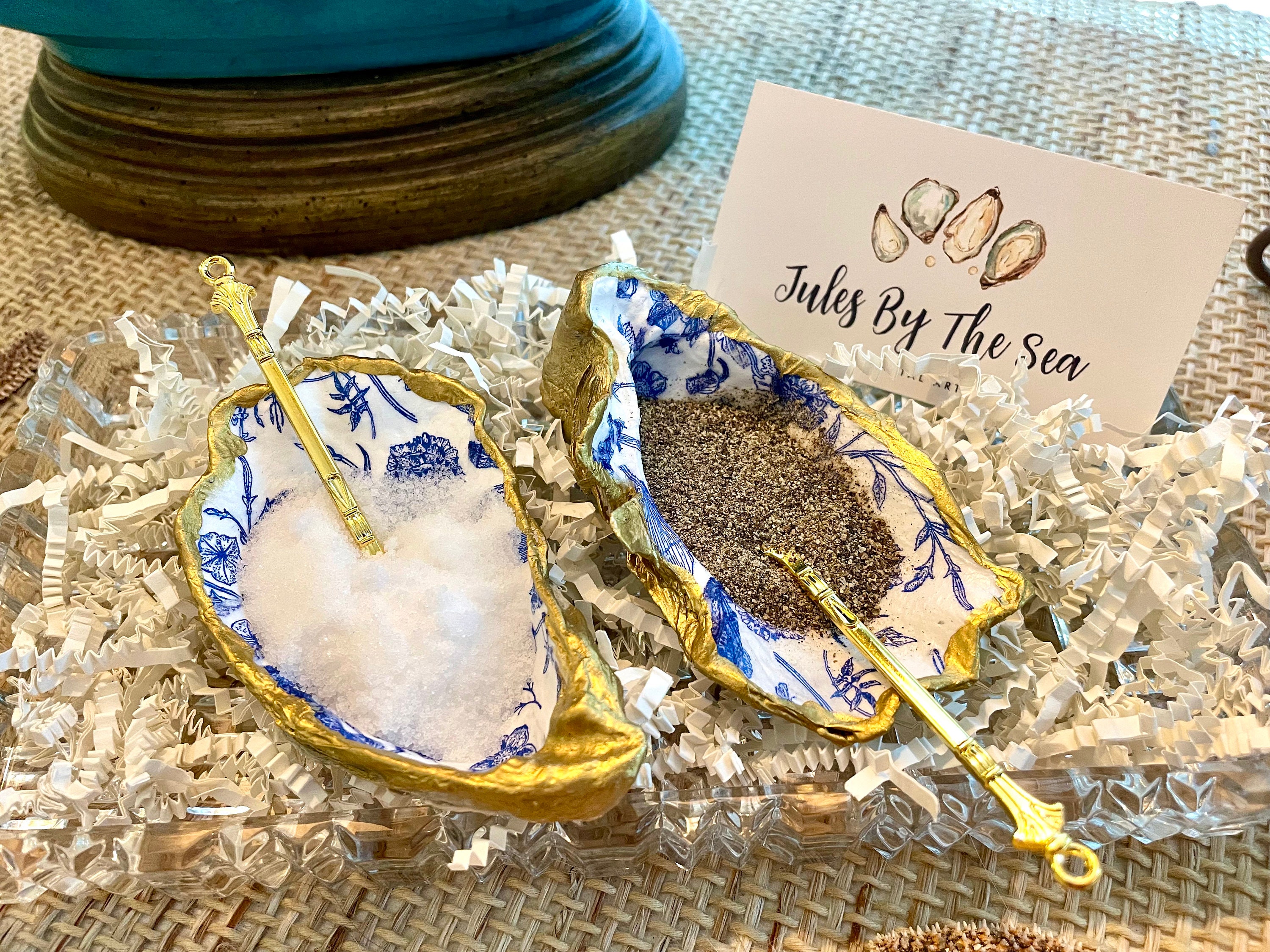 Blue and White Unique Oyster Shell Dishes With Spoons Salt and Pepper ...
