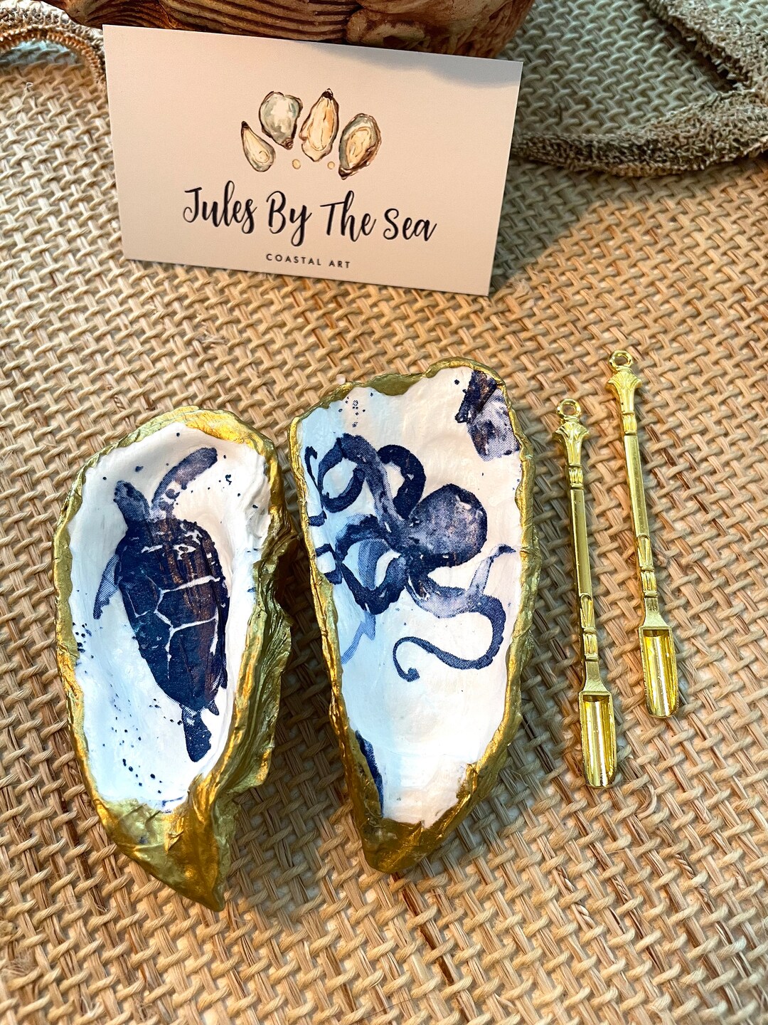Blue and White Sea Turtles and Octopus. Oyster Shell Dishes With Tiny ...