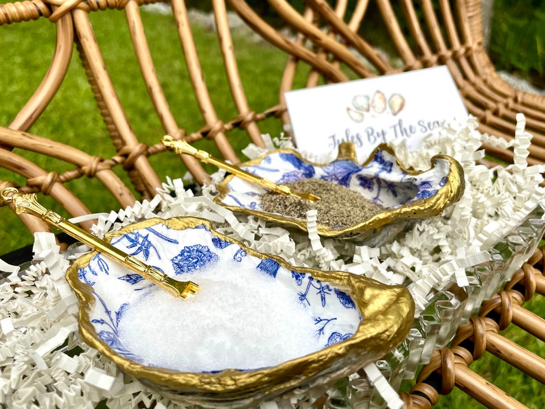 Blue and White Unique Oyster Shell Dishes With Spoons Salt and Pepper ...