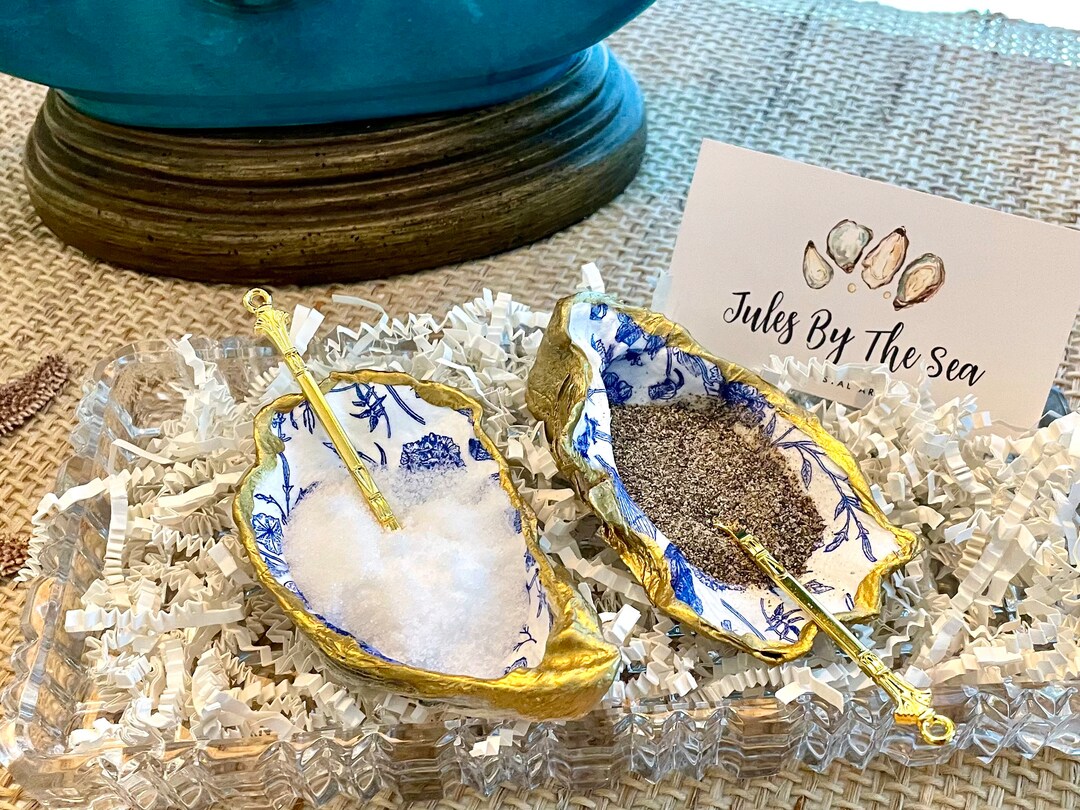 Blue and White Unique Oyster Shell Dishes With Spoons Salt and Pepper ...