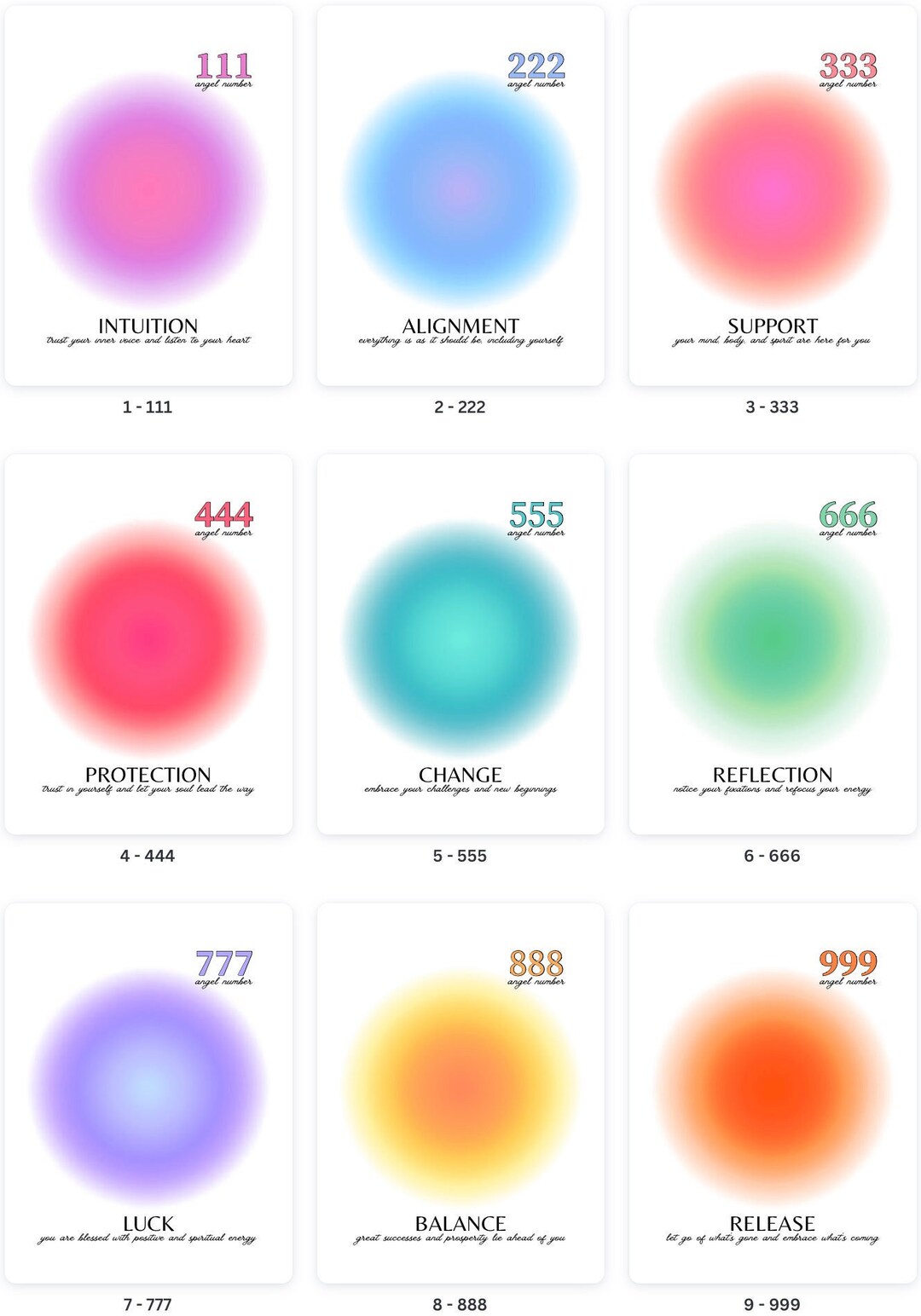 ALL 9 Angel Number Aura Color Posters 111, 222, 333, 444, 555, 666, 777 ...
