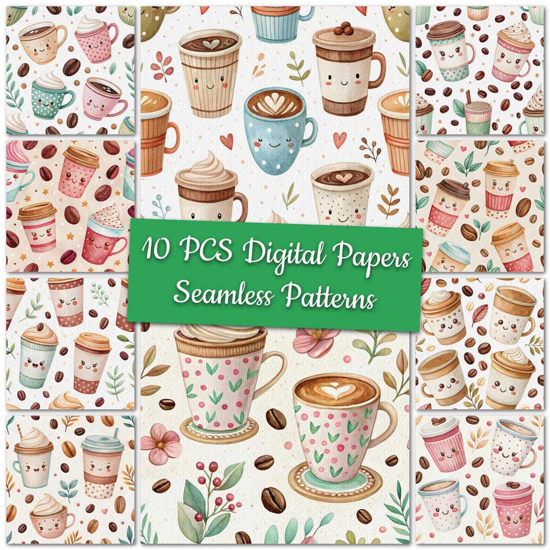 Watercolor Coffee Cup Seamless Patterns Coffee Digital Junk Journal ...