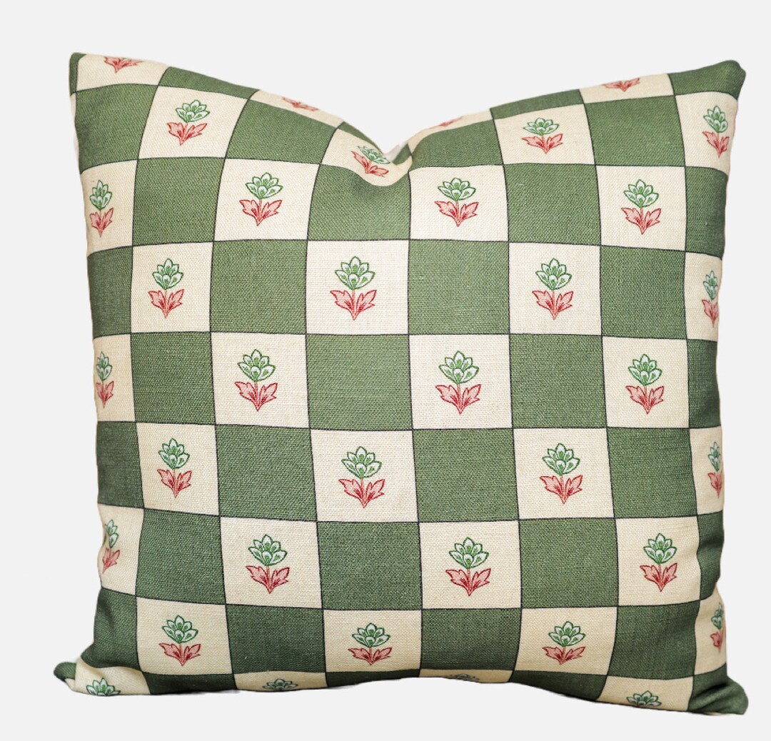 Ottoline Indian Checks in Natural/green Pillow Cover High End UK ...