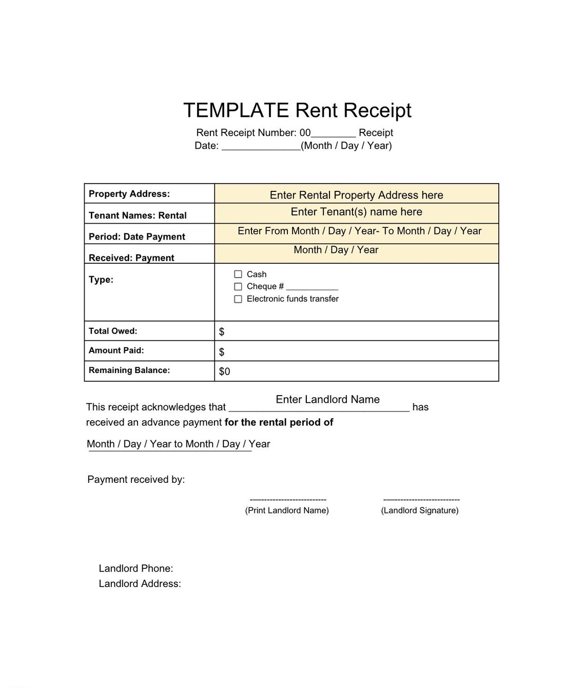 Printable Rent Receipt Template - Etsy