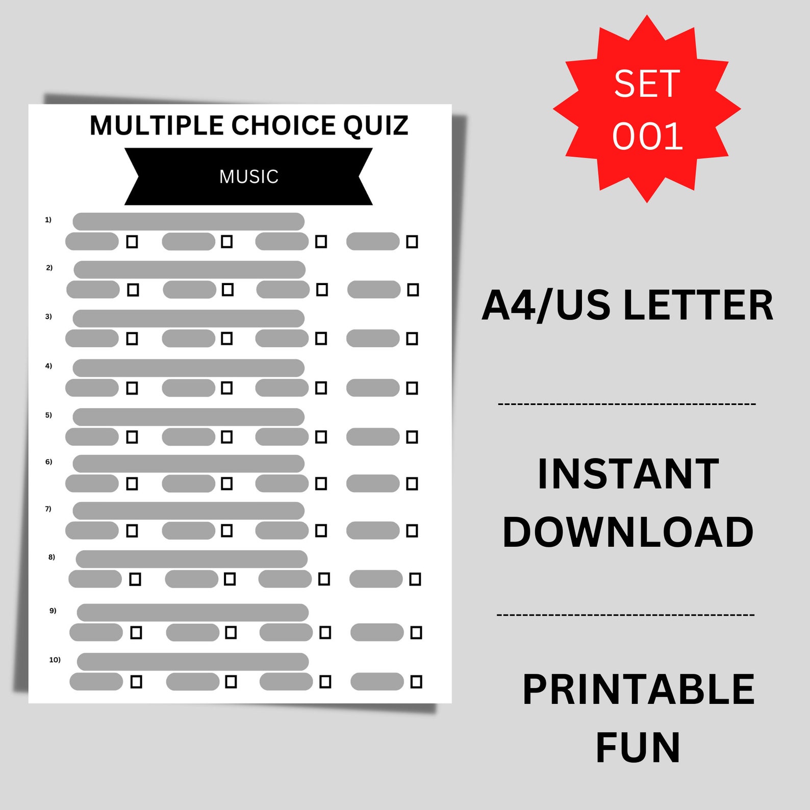 Printable Music Quiz Multiple Choice Trivia Questions Instant Download ...