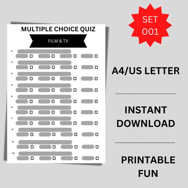 Printable Film & TV Quiz Multiple Choice Trivia Questions Instant ...