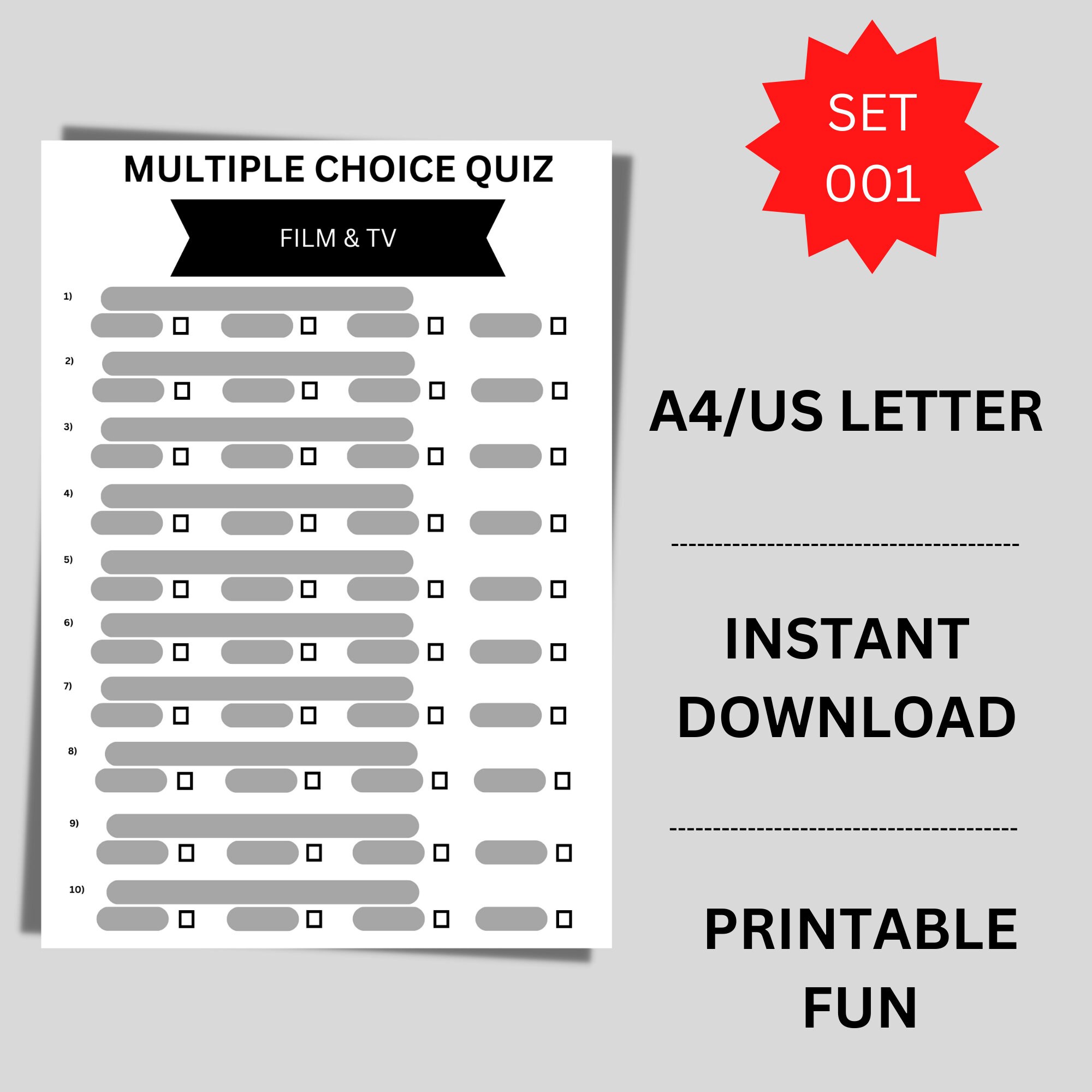 Printable Film & TV Quiz Multiple Choice Trivia Questions Instant ...