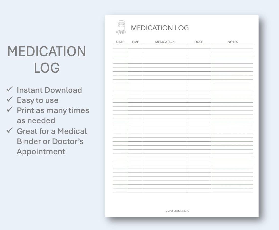 Medication Log Printable. Great for Medical Record Binders and Doctor's ...