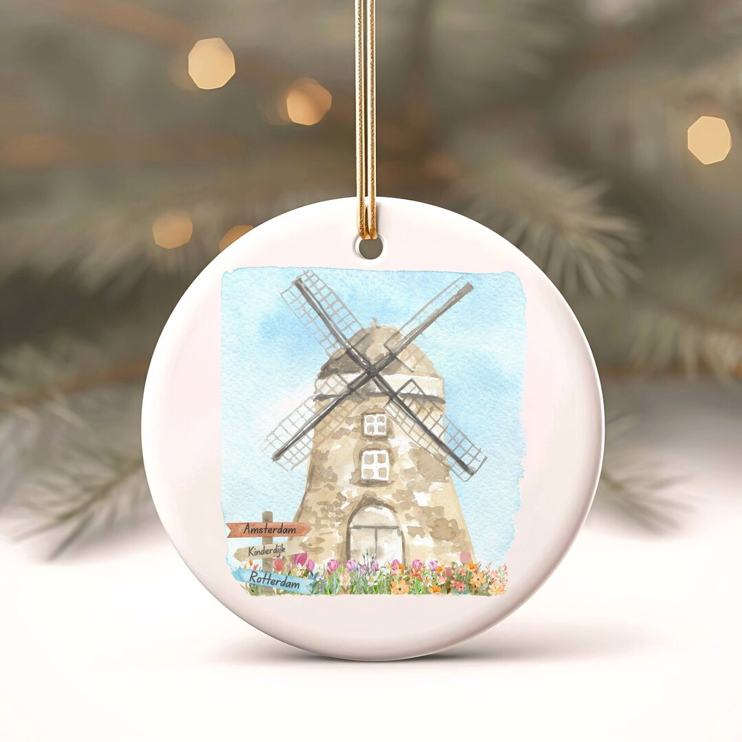 Dutch Christmas Ornament, Watercolor Windmill Flower Painting, Gift for ...