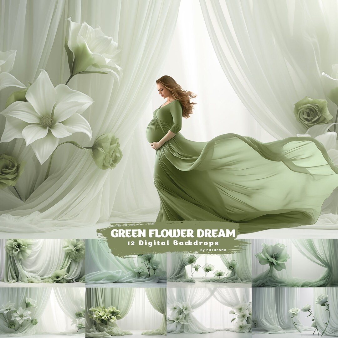 12 Green Flower Dream Floral Digital Backdrop Maternity Overlays Silk ...