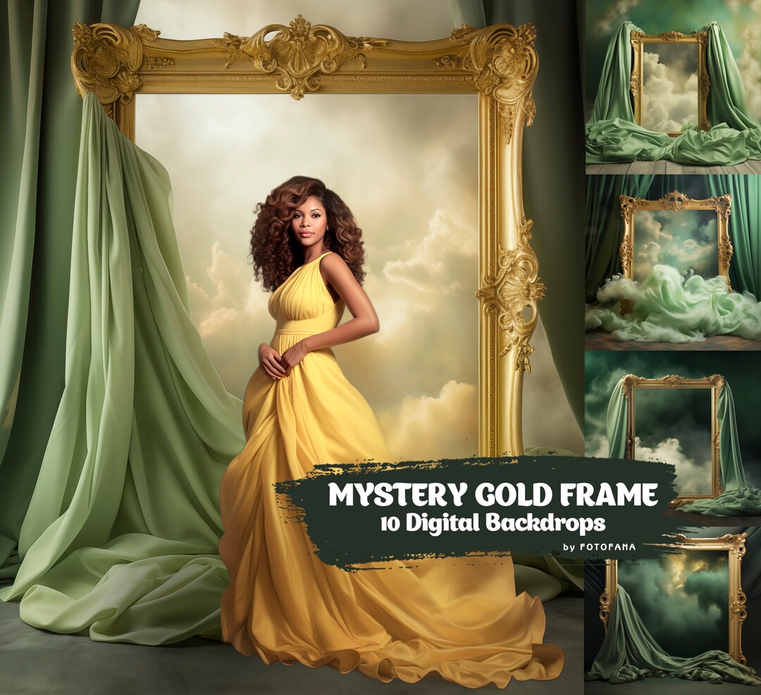 10 Mystery Gold Frame Digital Backdrops Maternity Overlays Silk Fabric ...